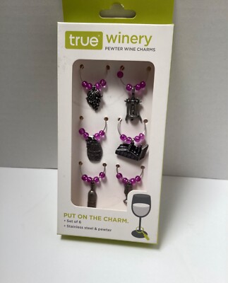 True Winery 6 Pewter Wine Charms New in the Box Barrel Bottle Grapes | eBay