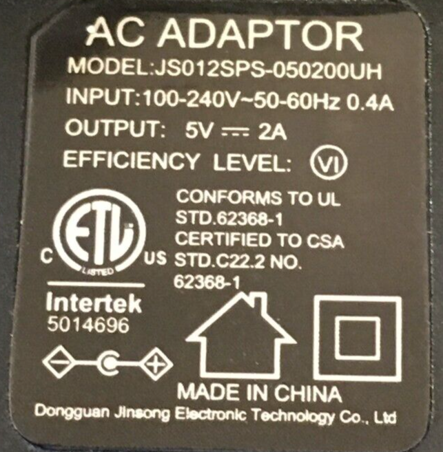 Intertek JS012SPS-050200UH AC/DC Adapter Adaptor Power Supply Charger ...