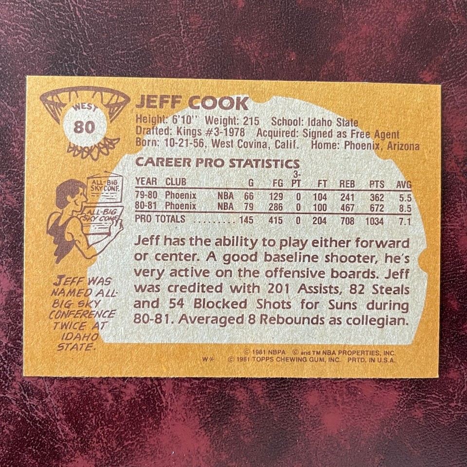 1981-82 Topps Set JEFF COOK #W80 PHOENIX SUNS - NM/MINT+ *HIGH GRADE ...