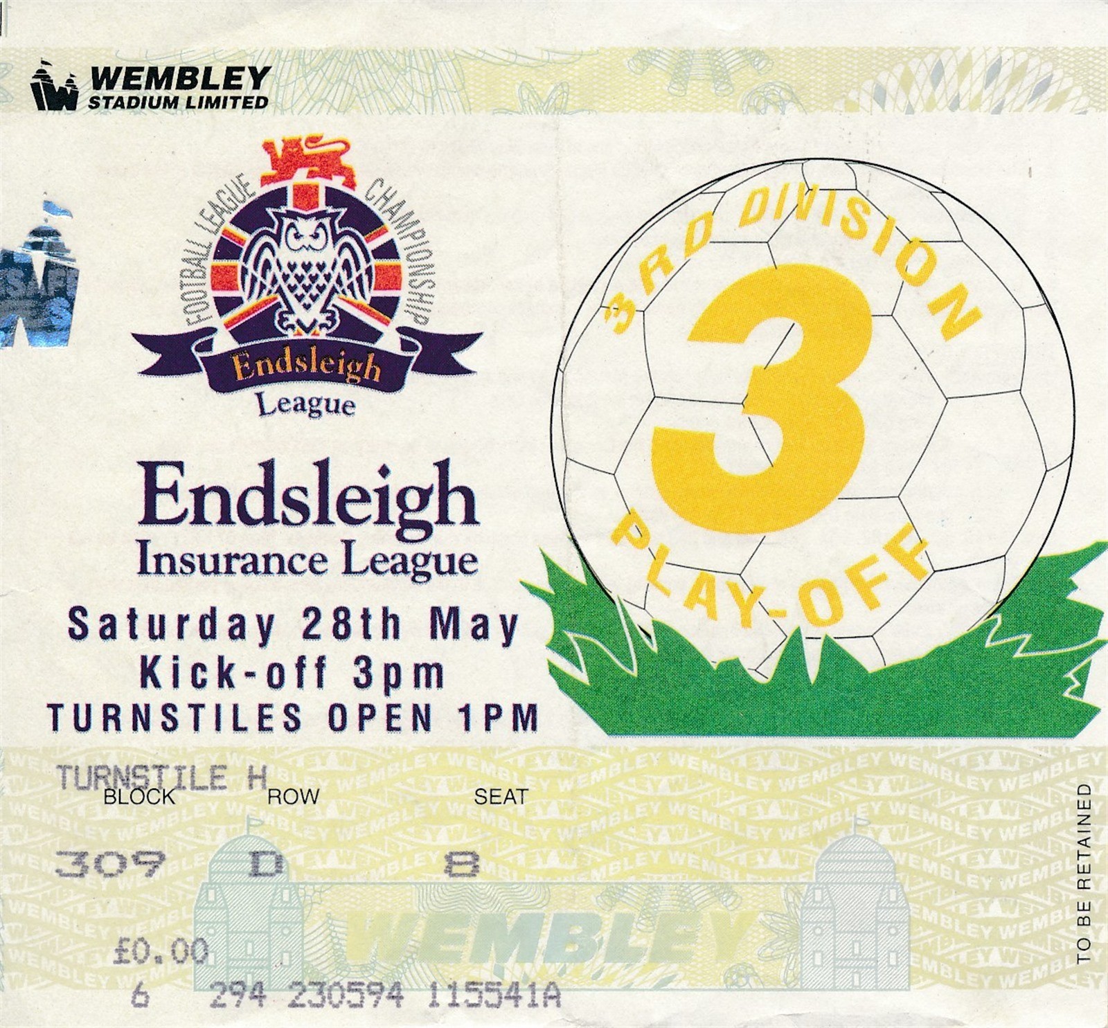 TICKET: PLAY-OFF FINAL 1994 Division 3 Wycombe v Preston North End ...