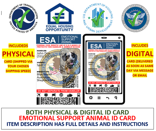 ADA EMOTIONAL SUPPORT ANIMAL ID CARD ESA PLASTIC PVC DUAL-SIDED ...