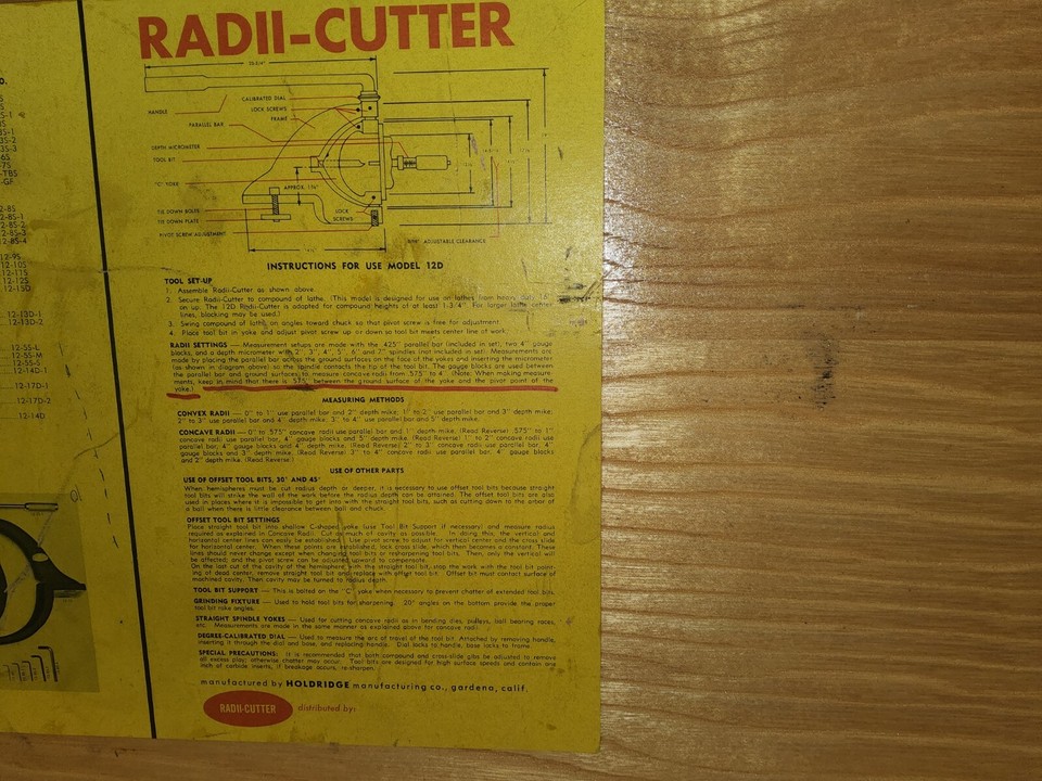 HOLDRIDGE 12D RADIUS Radii CUTTER TOOL SET FOR METAL LATHE 15" & UP ...