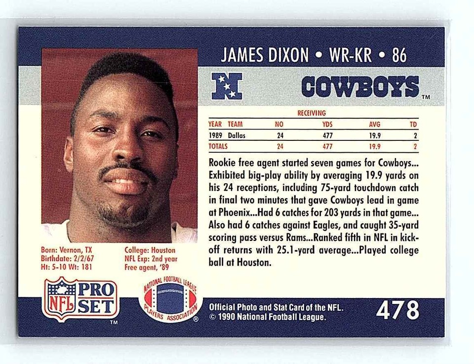 1990 Pro Set James Dixon Dallas Cowboys #478 | eBay
