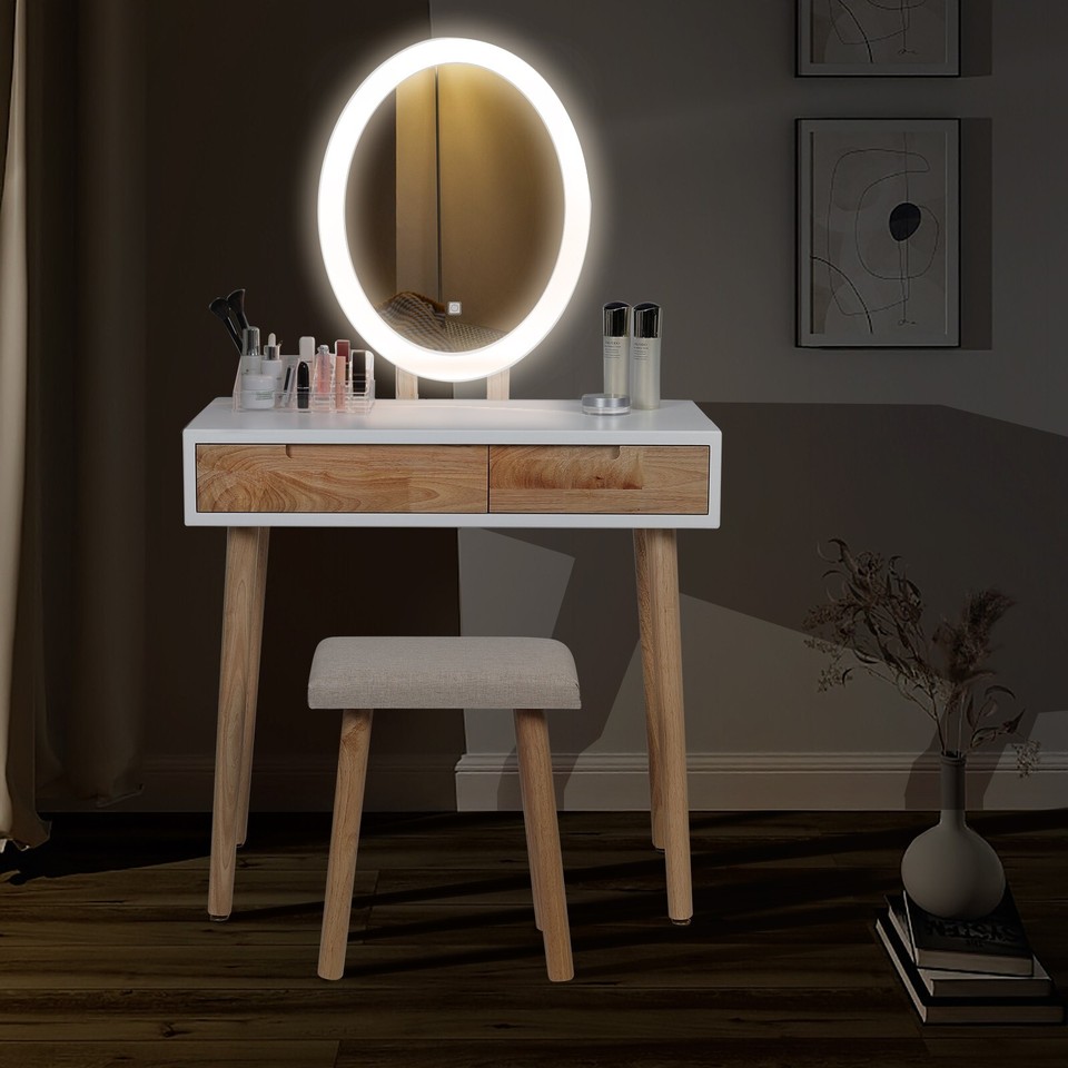 LED Lighted Dressing Table Set Wooden 2 Drawer Modern Make Up Vanity ...