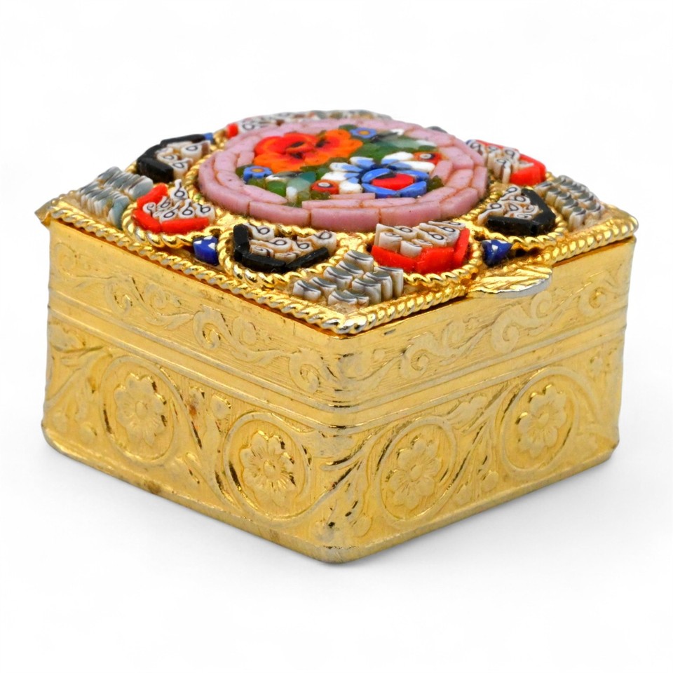 VINTAGE MICRO-MOSAIC FLORAL MINI JEWLERY BOX YELLOW GOLD-PLATED | eBay
