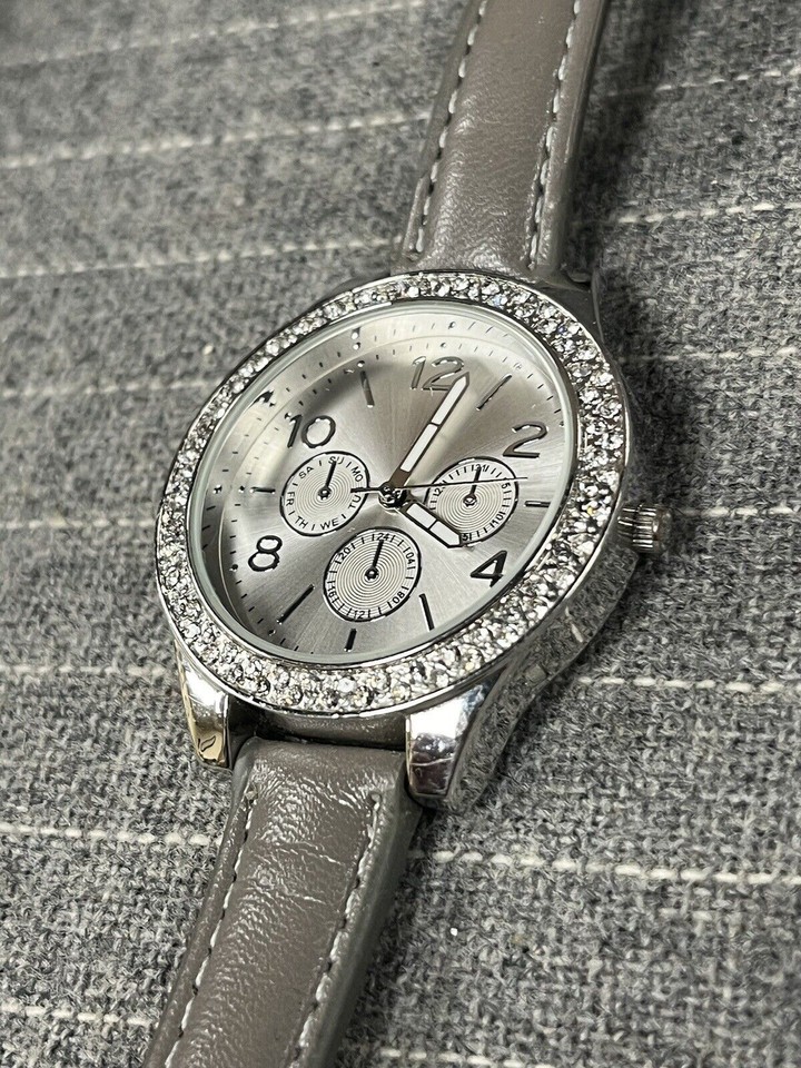 Grey Dial Rhinestone Accutime Leather Band Quartz Ladies Watch | eBay