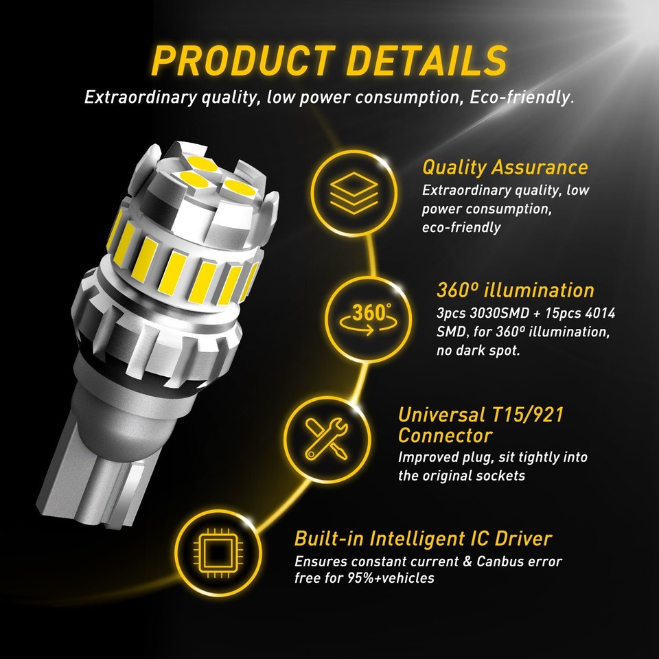 Car LED Reverse Back Up Light 921 Lamp 912 W16W 904 906 916 T15 Bright ...