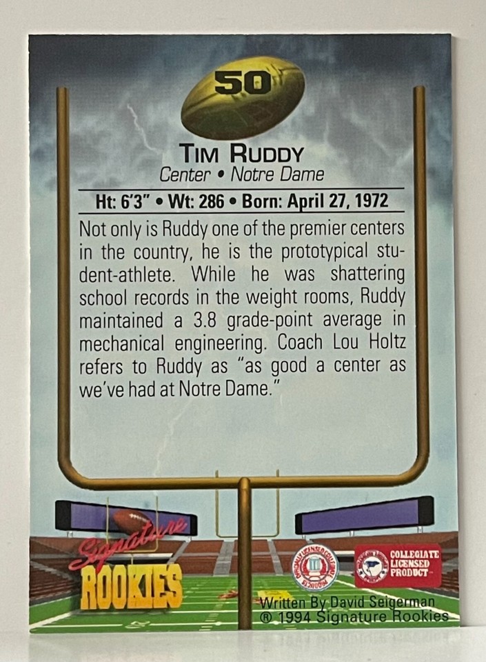Tim Ruddy Signature Rookies 1994 College Football Trading Auto Notre ...