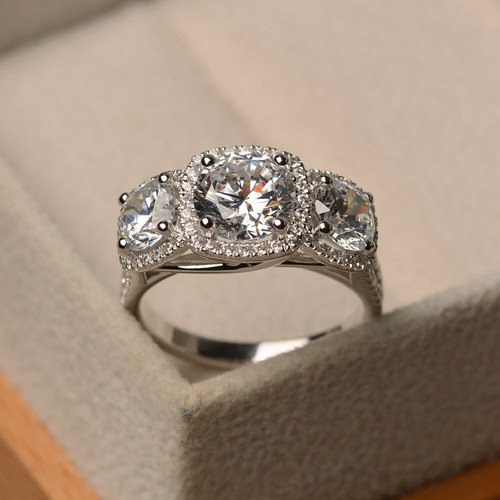 Brilliant Round Cut CZ Three Stone 3.72Ct Engagement Ring In Solid 925 ...