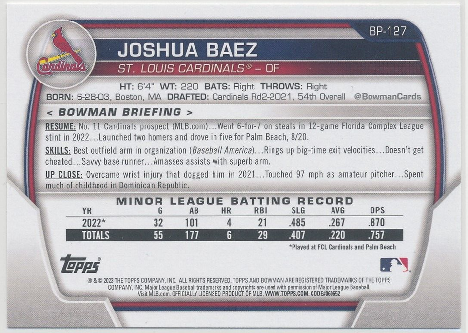 Joshua Baez - St. Louis Cardinals - 2023 Bowman Baseball - Prospect - # ...
