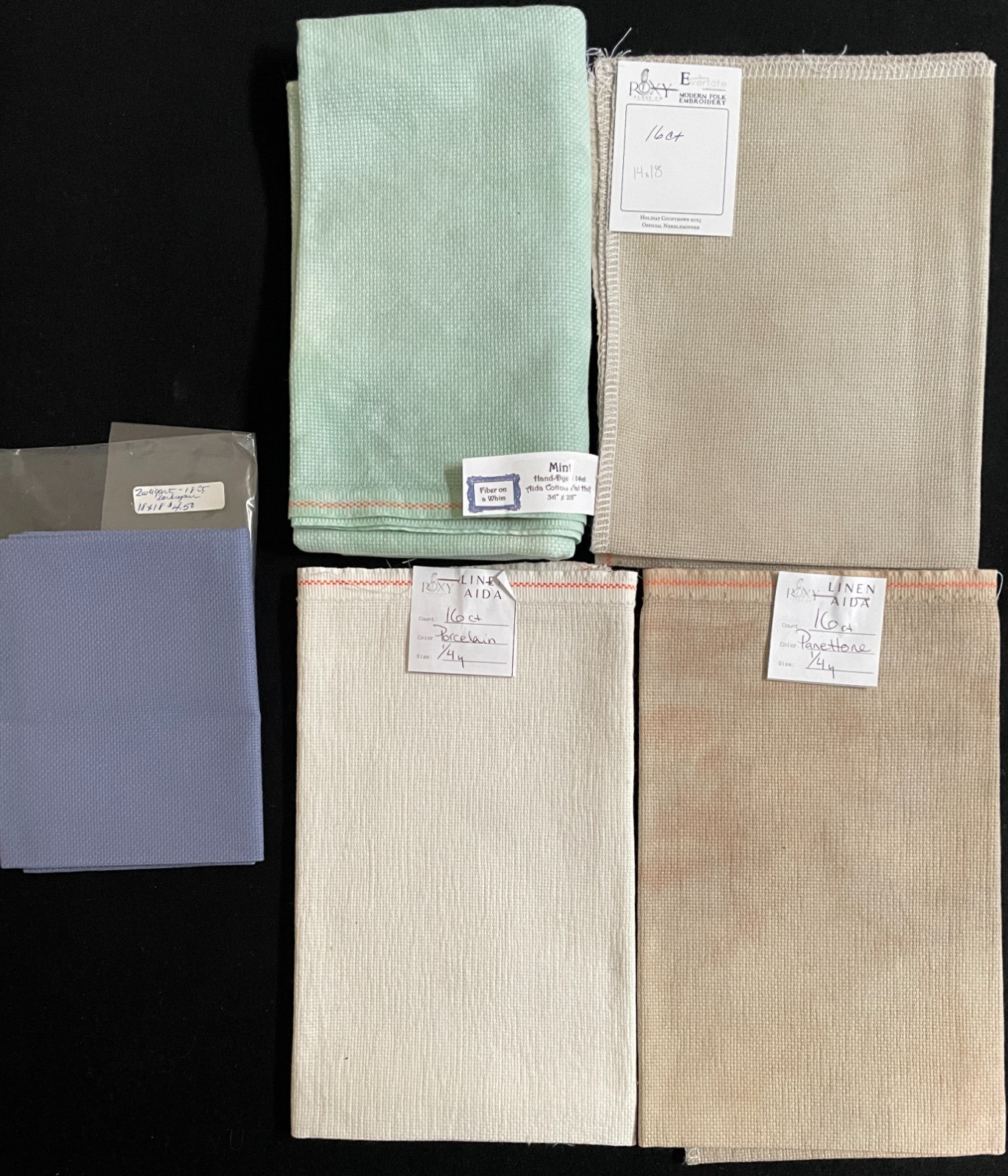 5x XStitch FABRIC piece: ROXY+ZWEIGART+FIBER ON A WHIM 14, 16 & 18ct ...