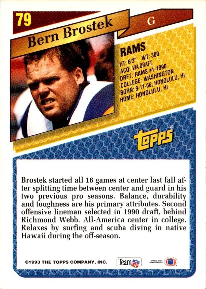 1993 Topps Bern Brostek #79 Los Angeles Rams Football Card | eBay