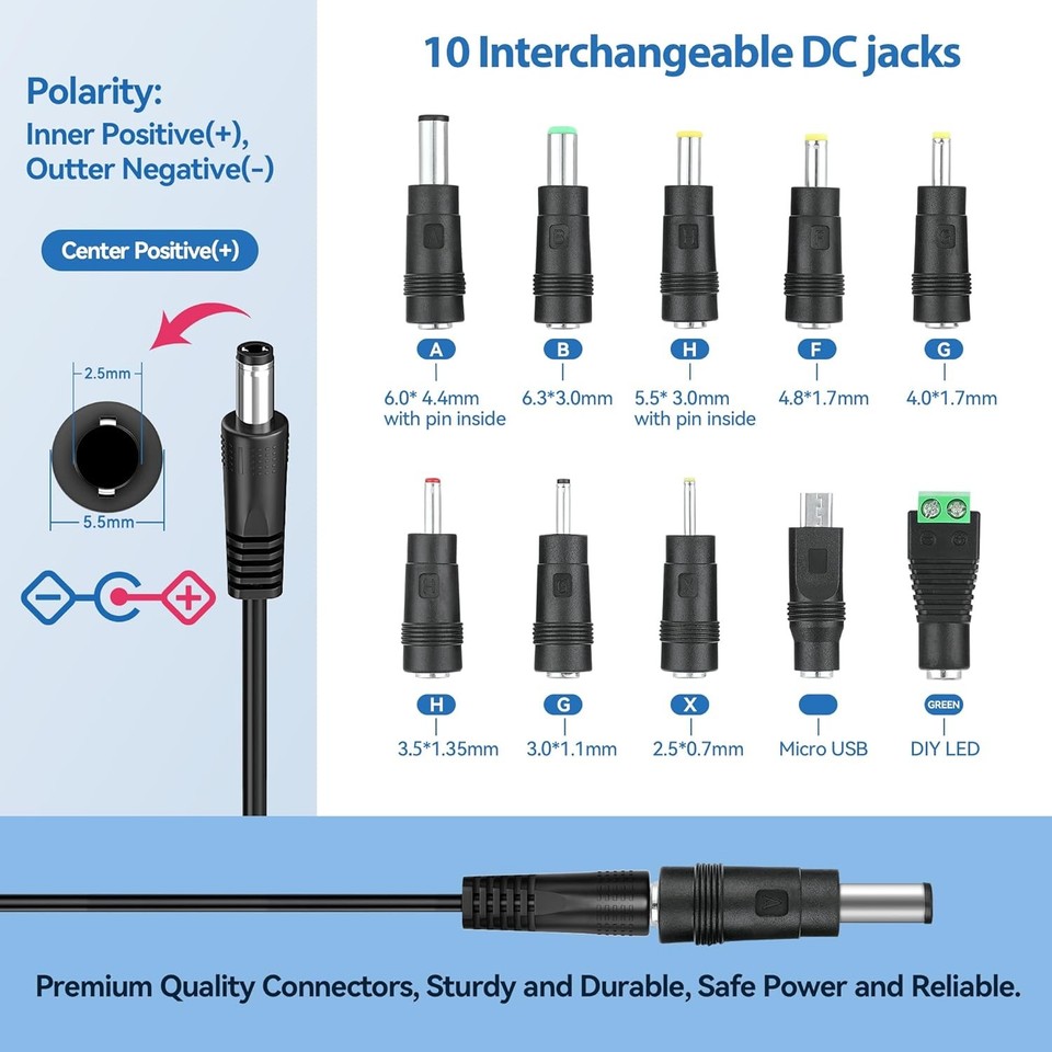 5V 3A 2.5A Adapters Power Cord with 10 Plug 5.0V 3000mA 2800mA 2500mA ...