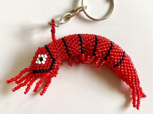Beaded Shrimp Keychain - Shell Fish key chain Hand Made - 2.5 inch x 2. ...