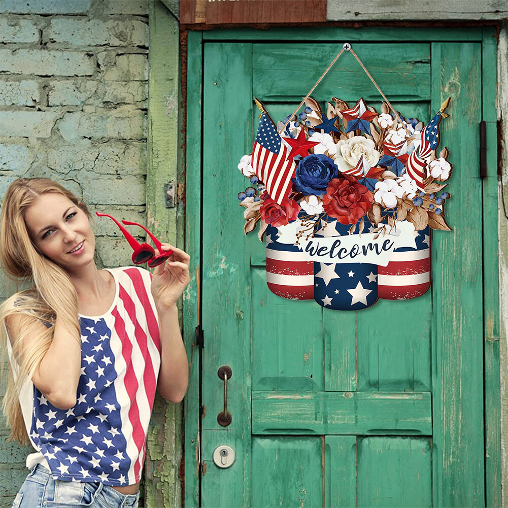 Memorial Hanging Home Welcome Door Sign 4th Of July Farmhouse ...