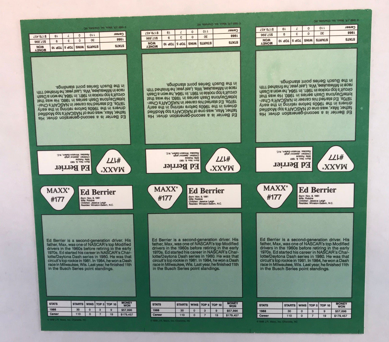MAXX RACING 1991 UNCUT DEALER SHEET Ed Berrier Card #177 | eBay