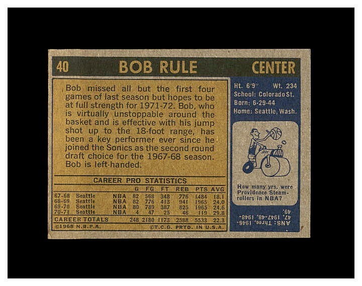 1971-72 TOPPS BASKETBALL SEATTLE SUPER SONICS #40 BOB RULE EX. | eBay
