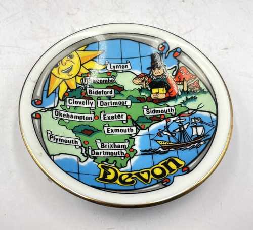 Trinket Dish DEVON Map Town Names Souvenir Small Round Plate Vintage ...