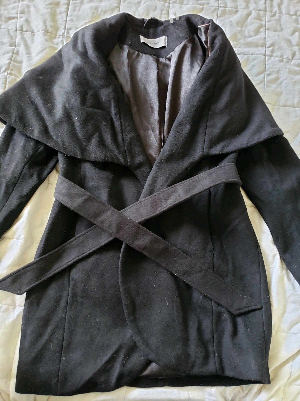 NWT Tahari Marla belted wrap 80% wool coat oversized shawl collar hood ...