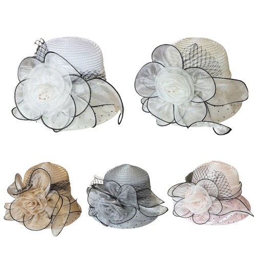 Women Bowler Hat Fascinator Beach Organza Flower Hat Wide Brimmed | eBay