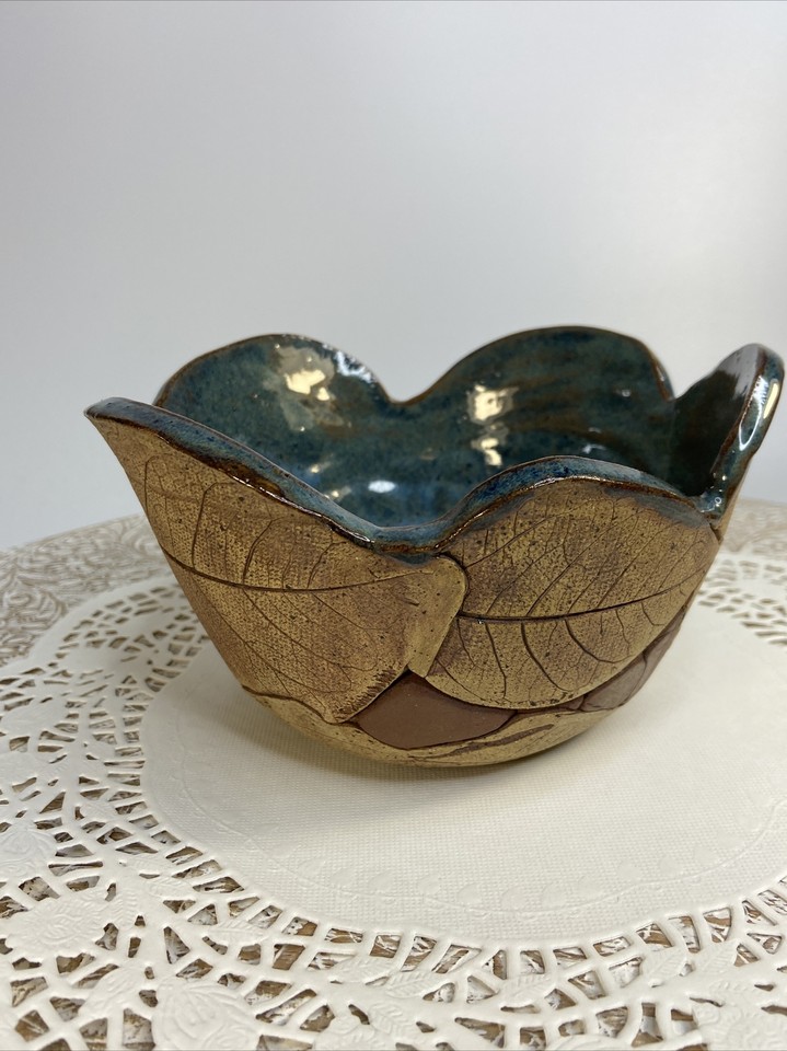 VTG MCM Studio Art Pottery Bowl Brown Leaf Design Blue Glazed Interior ...