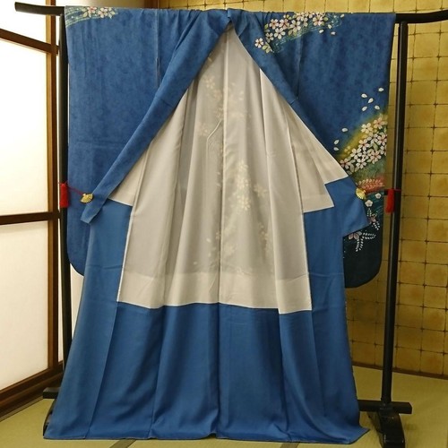 Japanese kimono antique Furisode blue cherry blossom running water ...