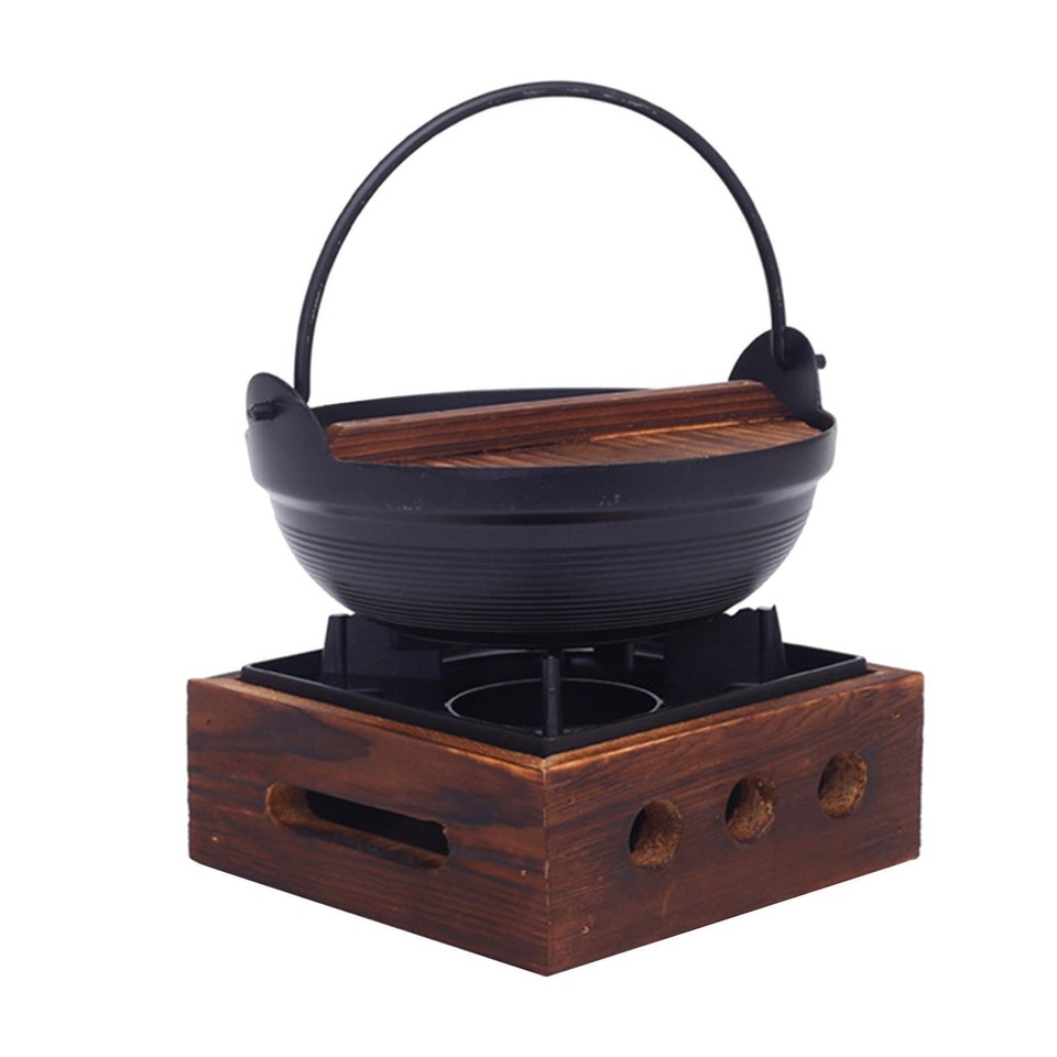 Cast Iron Hanging Pan W/Wood Lid Japanese Sukiyaki Stew Pot Camp Pot ...