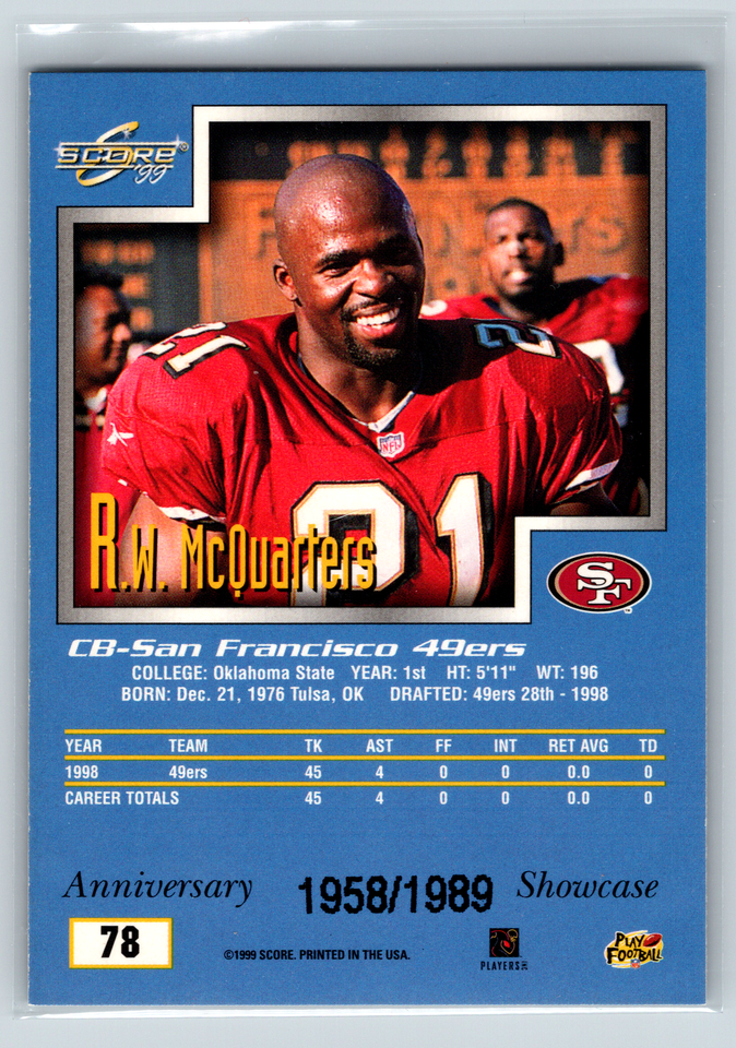 R.W. McQuarters 1999 Score10th Anniversary Reprints 78 SN1989 49ers | eBay