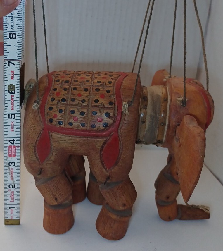 Vintage Elephant Marionette Wooden Hand Carved Puppet/Jointed Folk Art ...