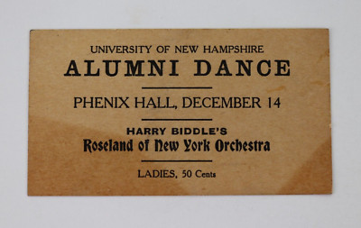 VINTAGE ALUMNI DANCE CARD TO UNI. OF NEW HAMPSHIRE, NY HARRY BIDDLE'S ...