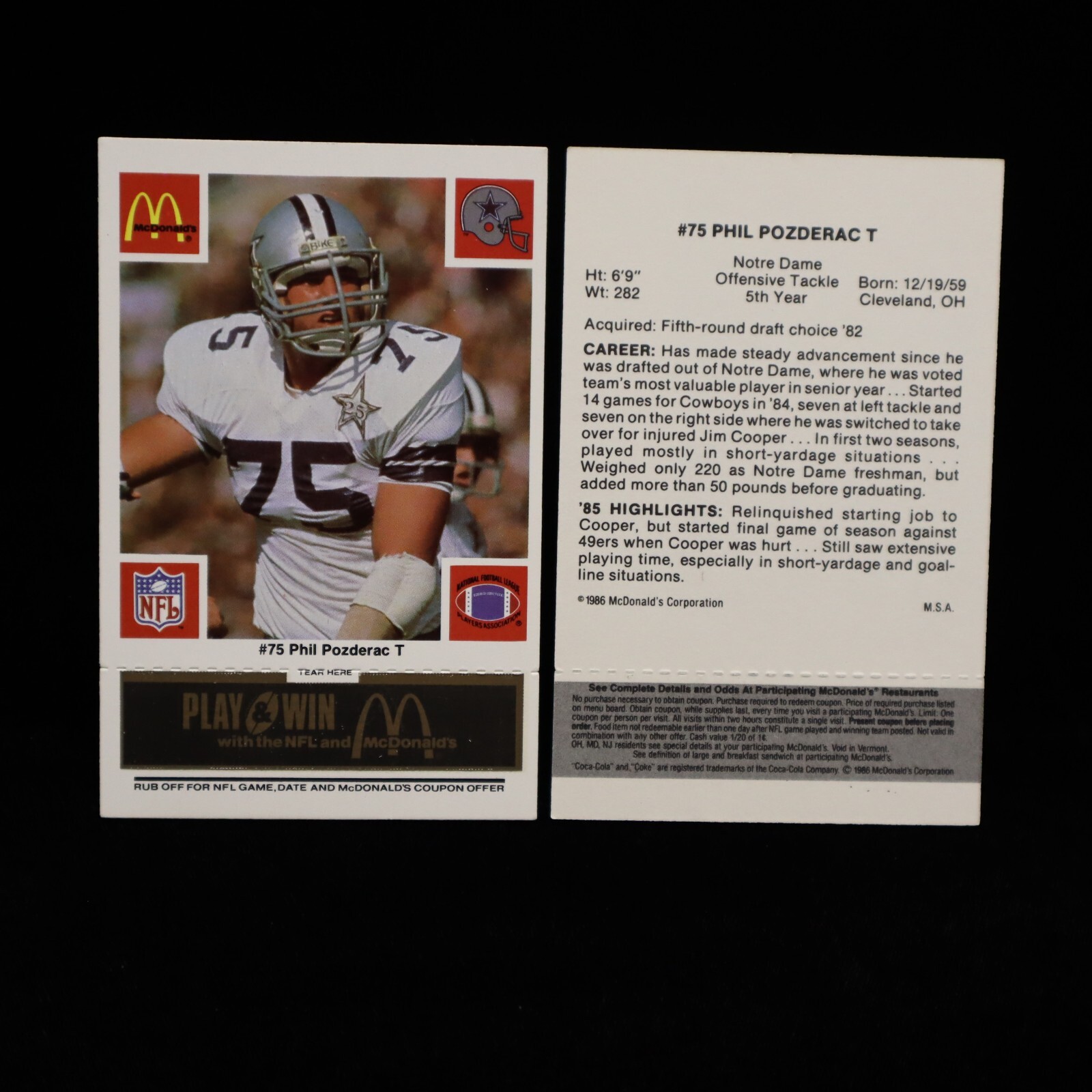 1986 Phil Pozderac Dallas Cowboys McDonald's BLACK Game Card #75 | eBay
