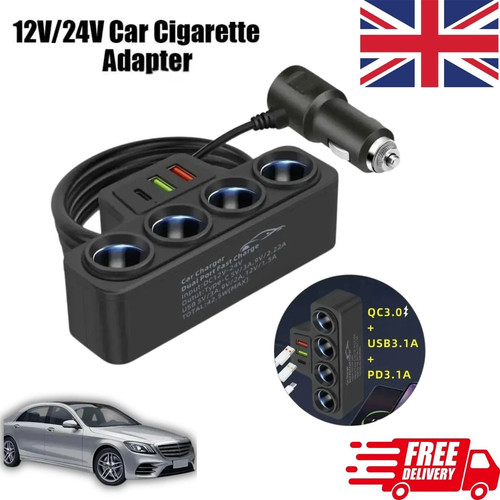 4 Way Multi Socket Car Cigarette Lighter Splitter USB Charger Adapter ...