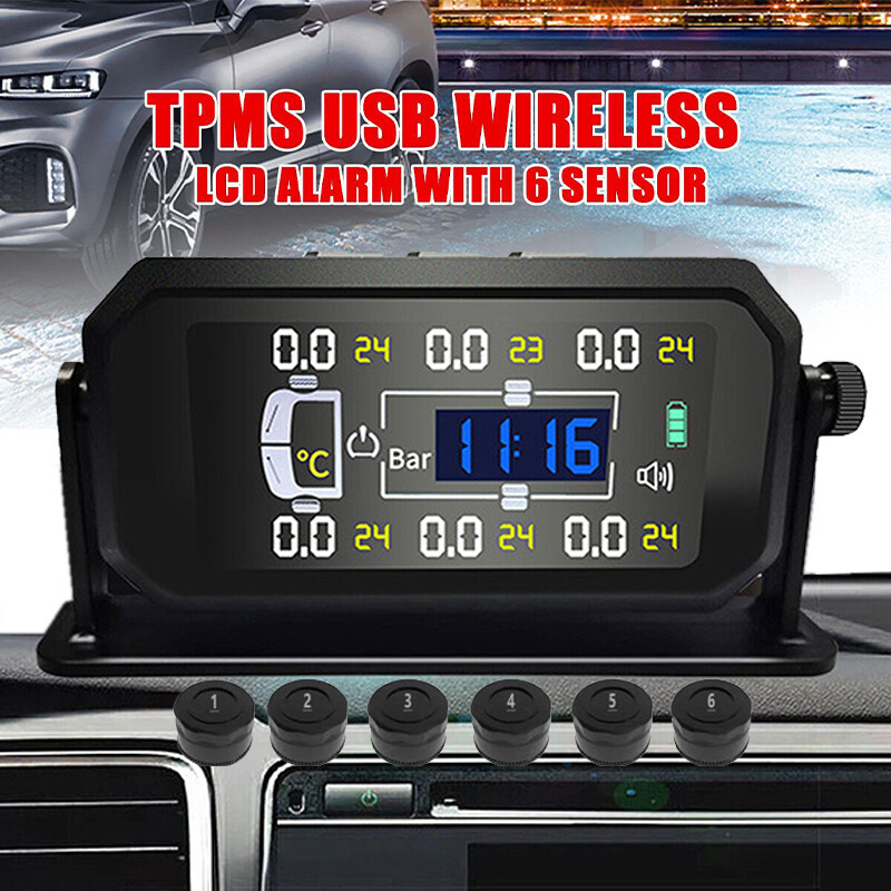 Wireless Solar TPMS LCD Car Tire Pressure Monitoring System + 6 ...