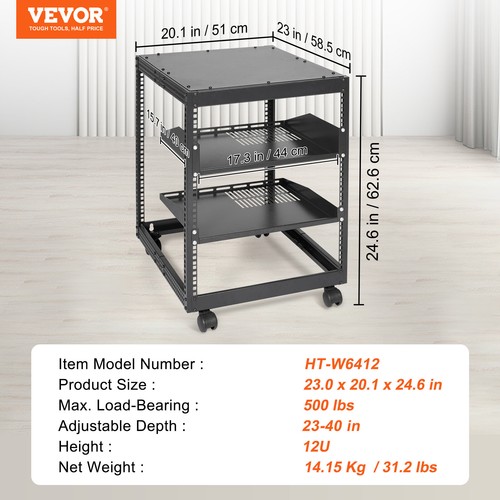 VEVOR 12U 4 Post AV Rack with Casters Open Frame Server Rack Network ...