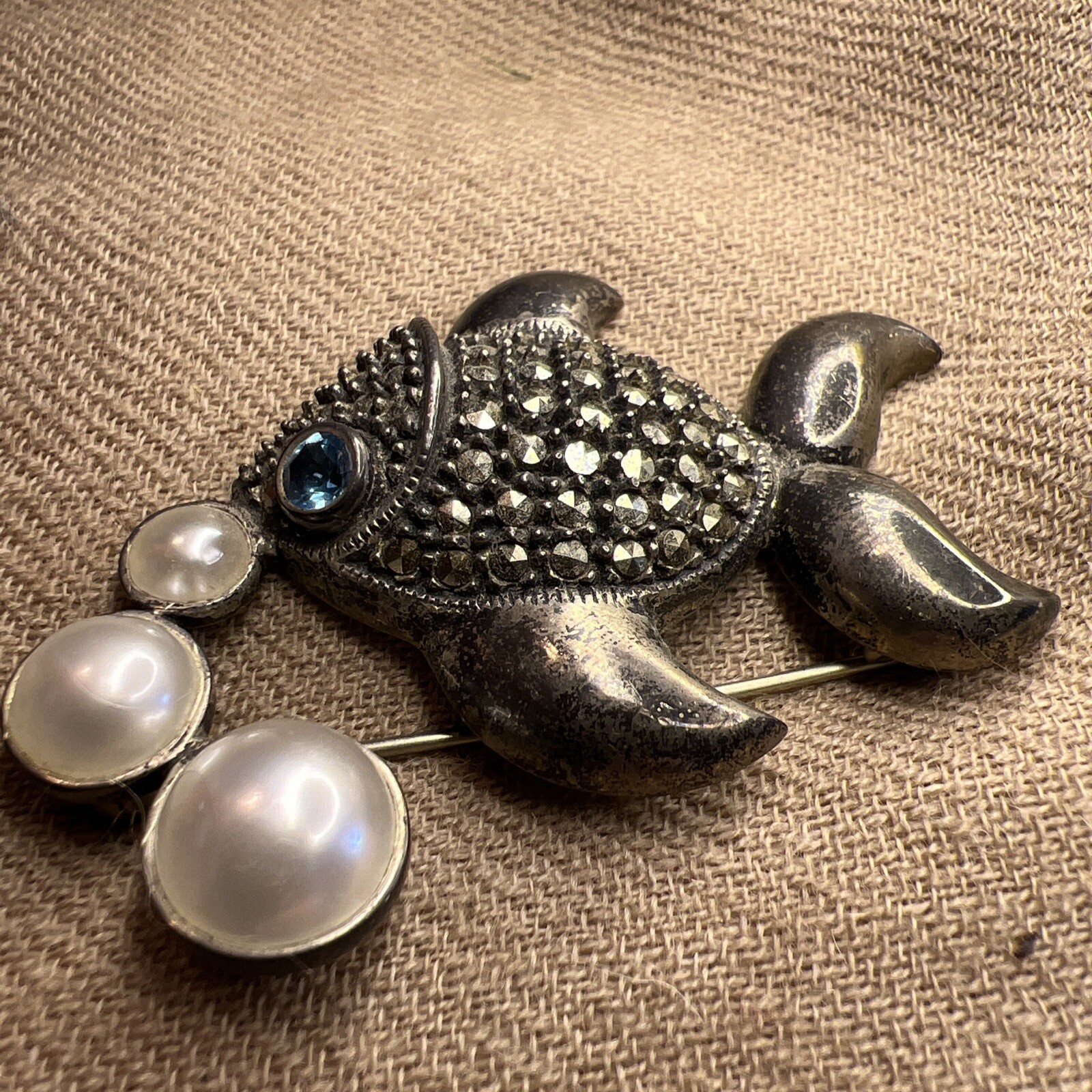 vintage Judith Jack, Sterling silver, marcasite ,blue topaz fish pin ...