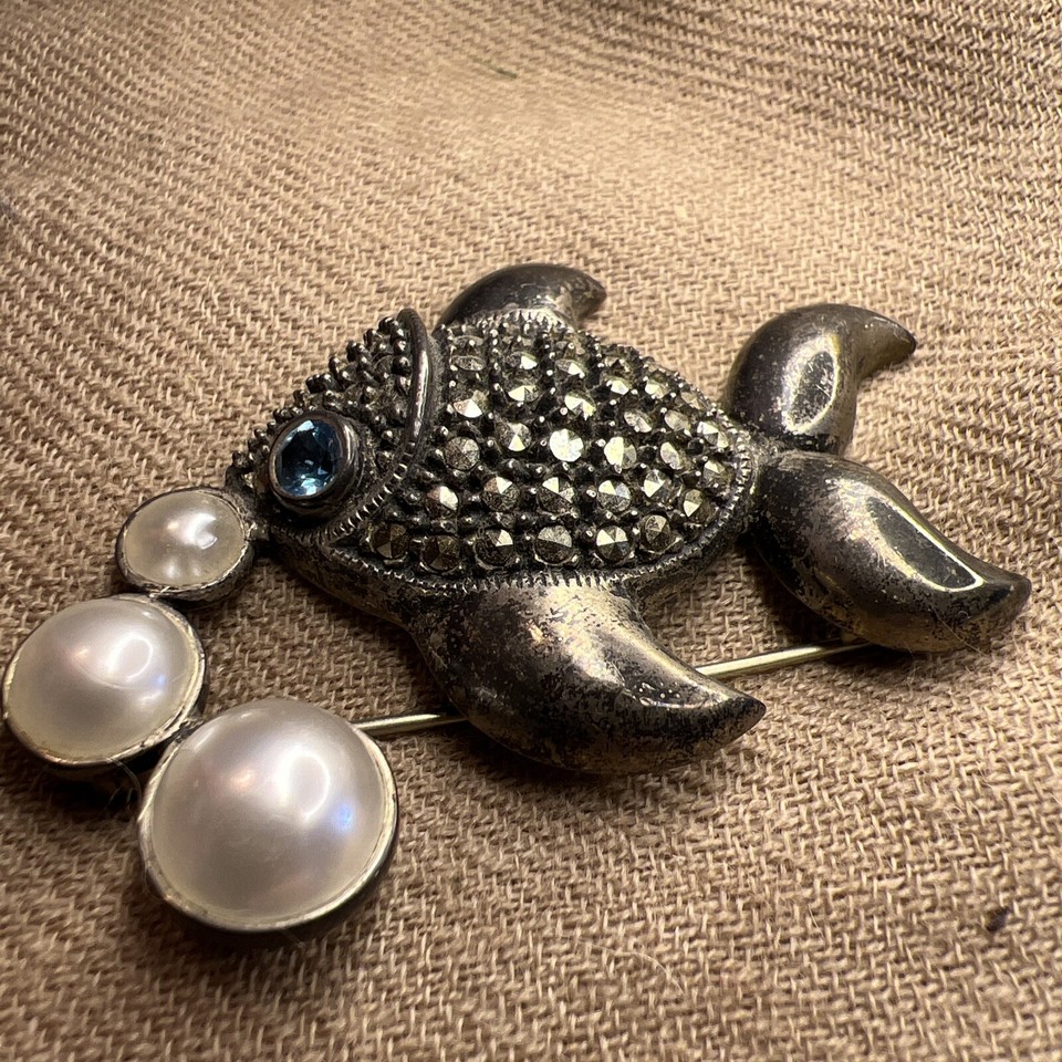 vintage Judith Jack, Sterling silver, marcasite ,blue topaz fish pin ...