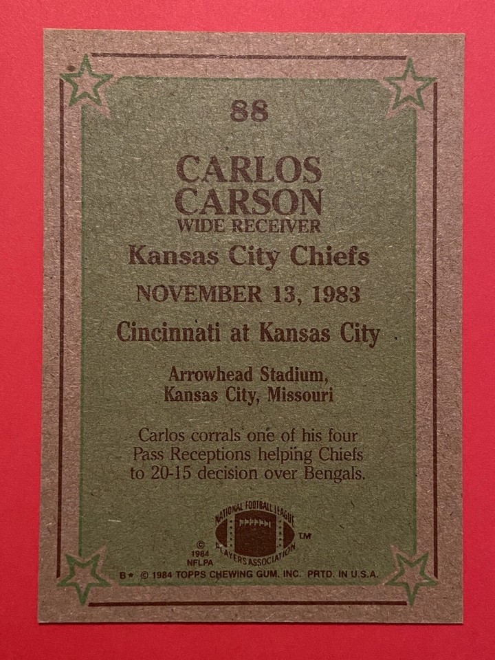 CARLOS CARSON Hand Signed 1984 Topps #88 KC Chiefs LSU Tigers Autograph ...