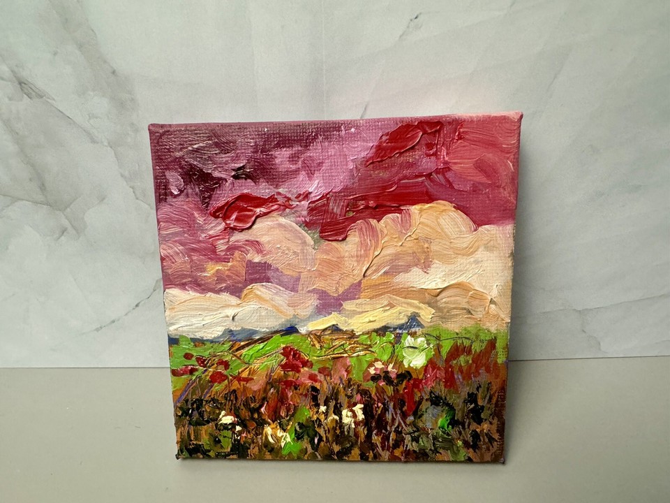 Oil Painting Meadow field floral landscape flower Original art Mini ...