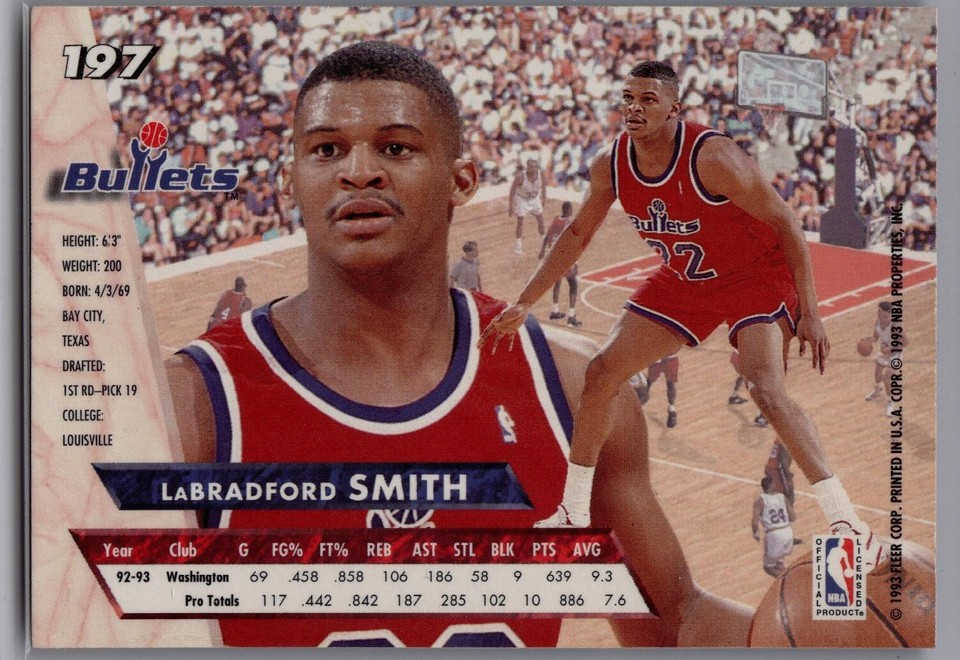 1993-94 Ultra Washington Bullets Basketball Card #197 LaBradford Smith ...