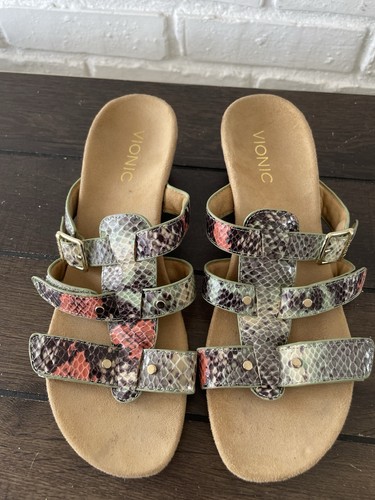 Vionic Radia Snake Print Sz 8 Wedge Green Straps Buckle Women's Sandals ...