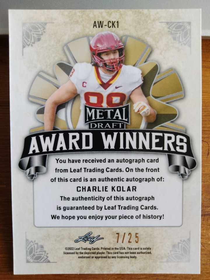 2022 Leaf Metal Draft Charlie Kolar Award Winners Auto Purple #'d /25 ...