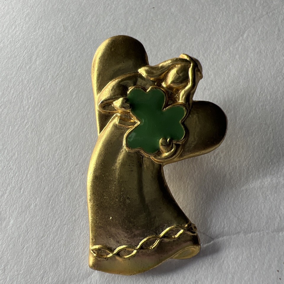 Guardian Angel Lapel Pin Brooch Vintage Holding Shamrock Irish Good ...