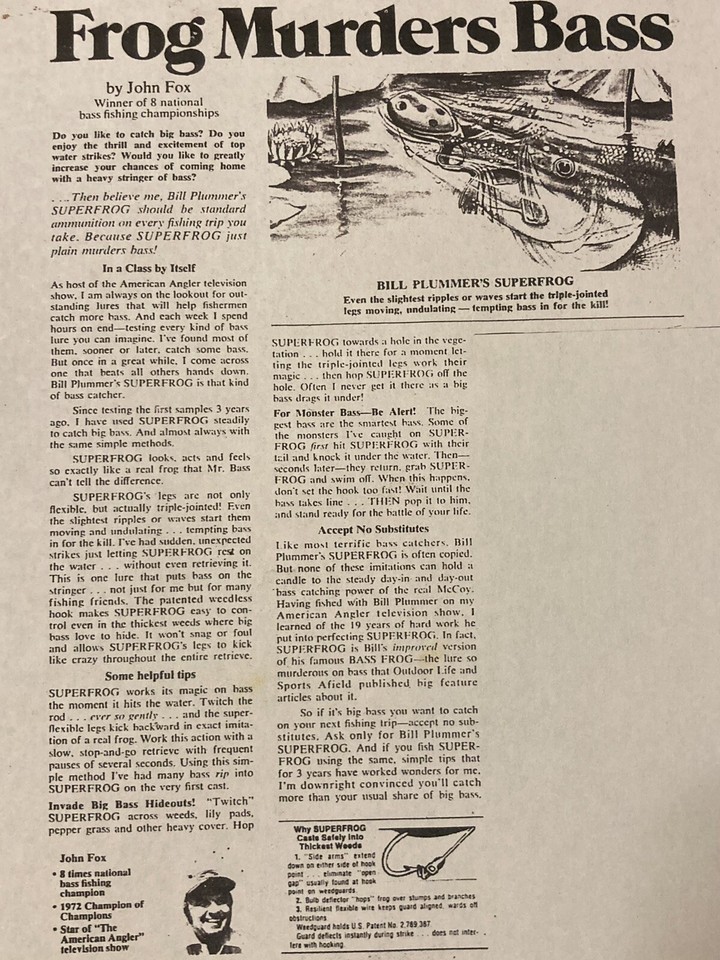 Bill Plummer Super Frog In Green Fishing Lure NOS | eBay