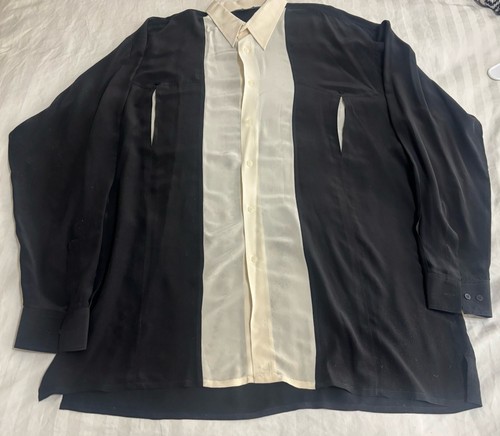 VINTAGE MENS GENELLI Black Cream 100% SILK SHIRT NEHRU COLLAR XLT ⭐ ...