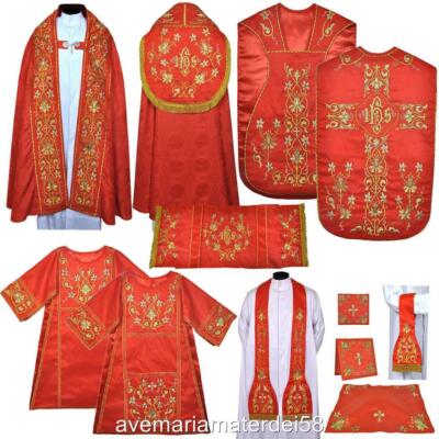 Red Solemn High Mass Vestment Set Fiddleback,Dalmatic,Tunicle,Stoles ...