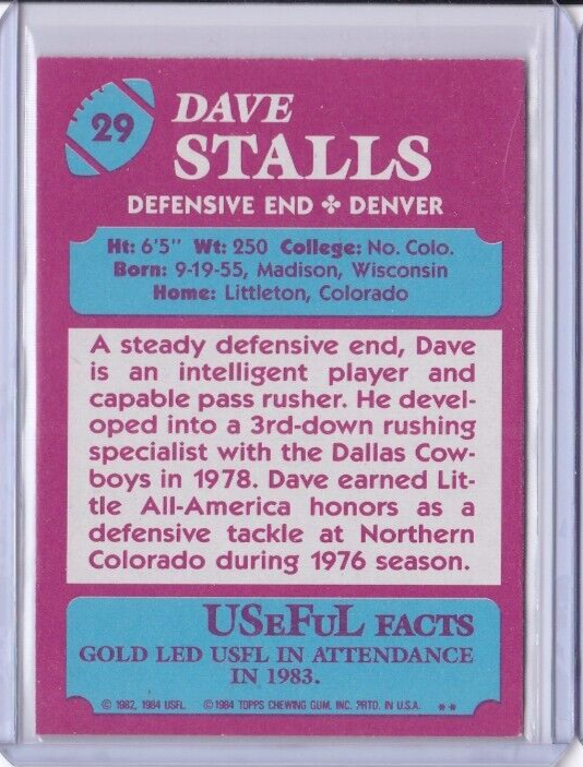 1984 Topps USFL #29 DAVE STALLS DENVER GOLD NRMT IDRED | eBay