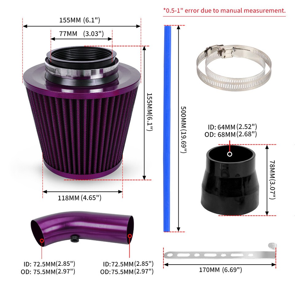 3" Purple Car Cold Air Intake Filter Induction Kit Pipe Power Flow Hose ...