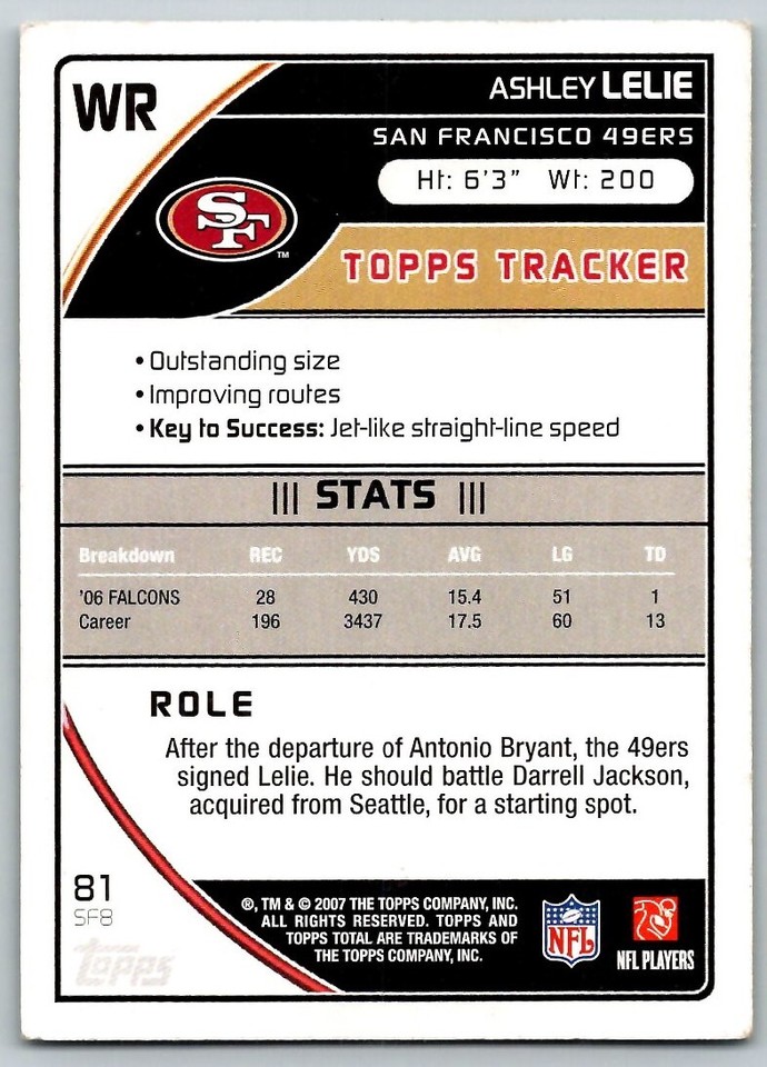 2007 TOPPS TOTAL ASHLEY LELIE SAN FRANCISCO 49ERS #81 | eBay