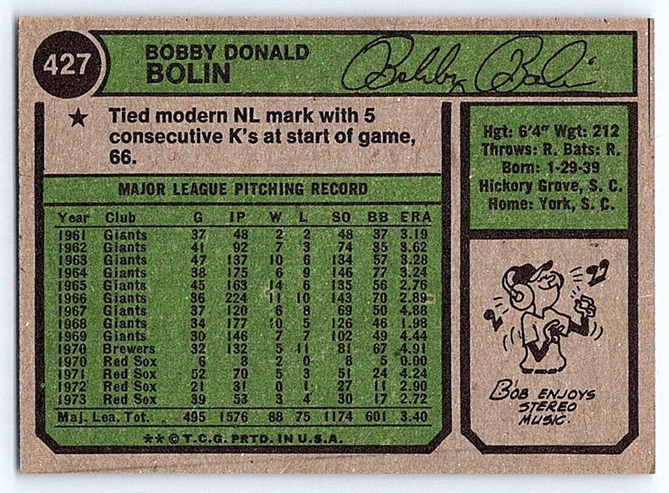 Bobby Bolin 1974 Topps #427 - Please see pics for cond. | eBay