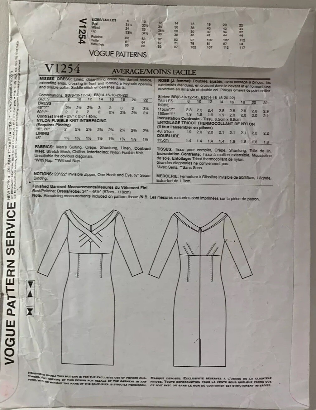 Vogue American Designer Anne Klein Sewing Pattern No V1254 Size 14-22 ...